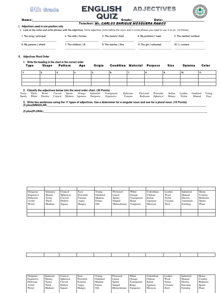 Adjectives Quiz 9th Grade 2019 | PDF | Adjective | Grammatical Number