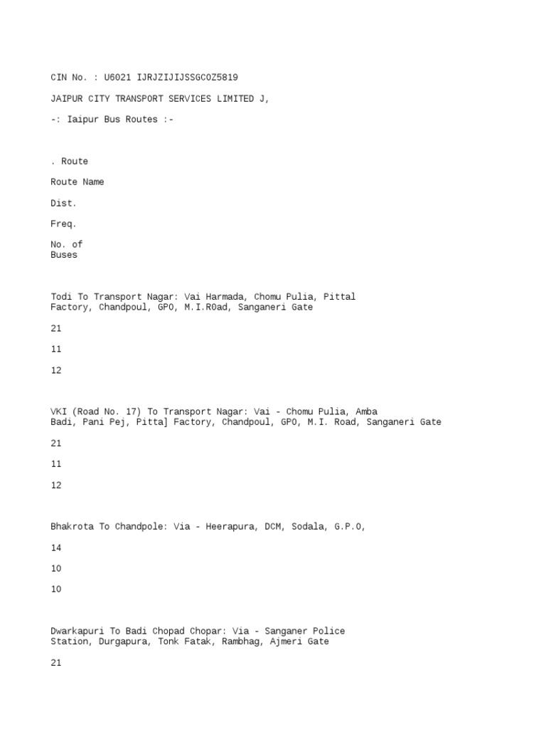 Jaipur Bus Routes and Schedule | PDF | Transport