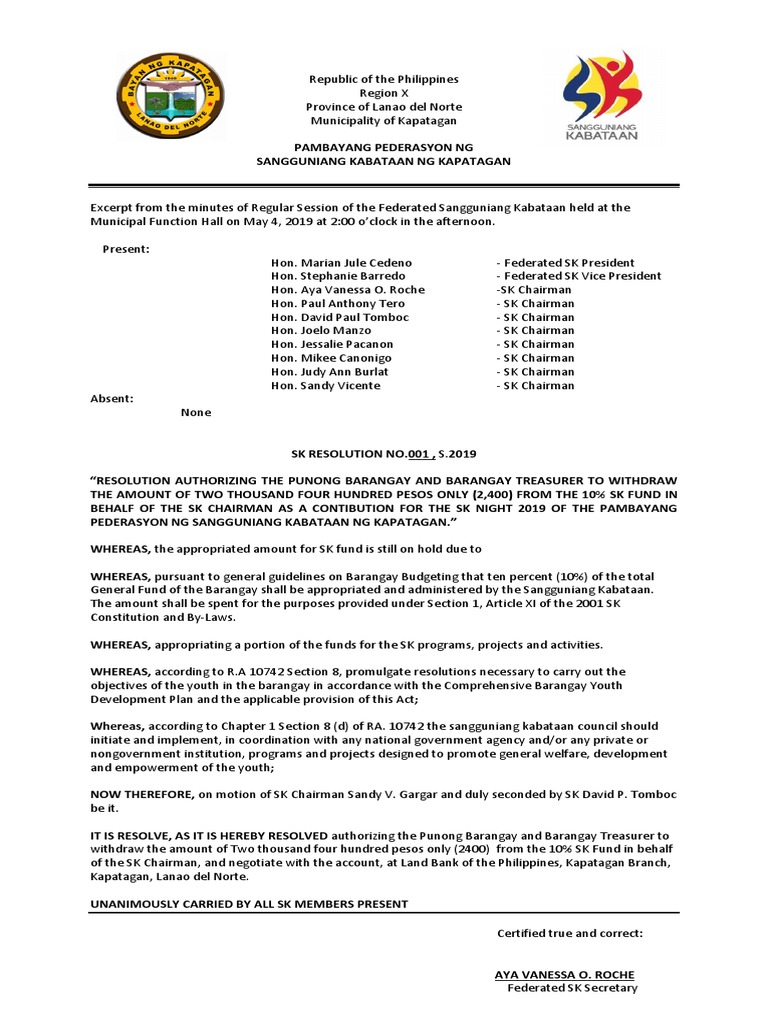 SK-Resolution-No. 001 S. 2019 | PDF | Justice | Crime & Violence