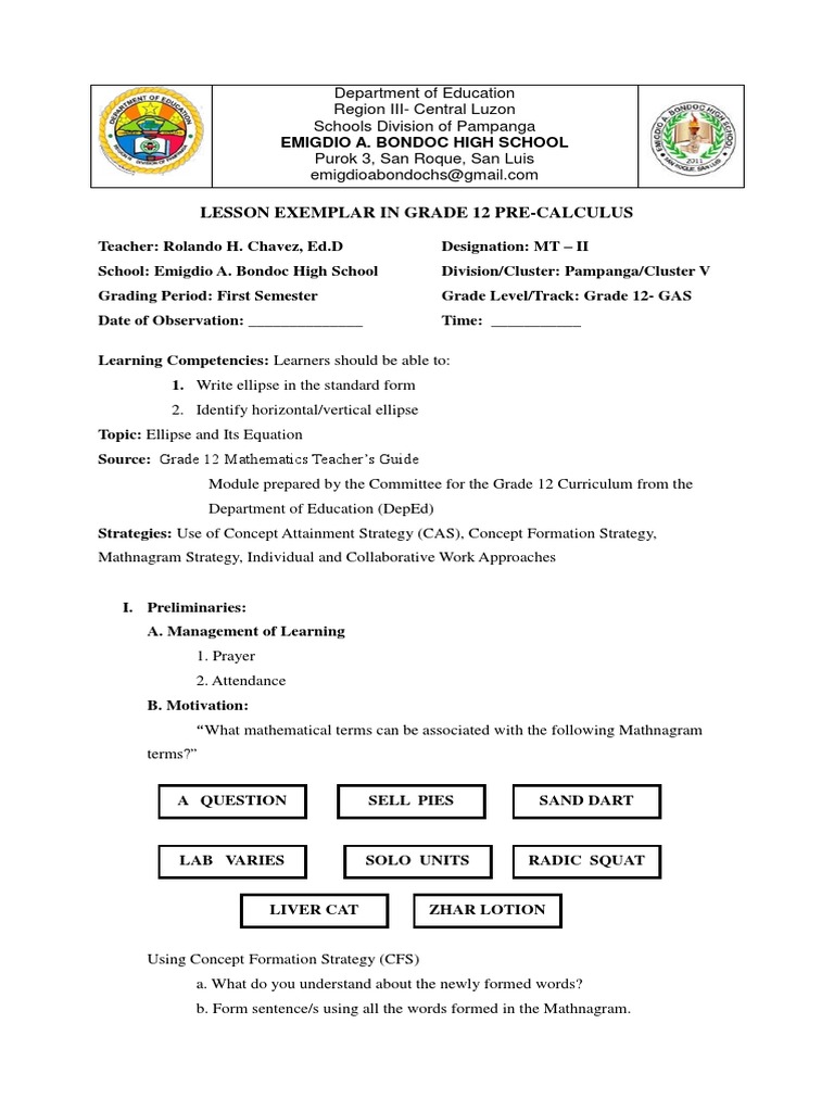 Lesson Exemplar For Cot Rpms | PDF | Ellipse | Teaching Mathematics