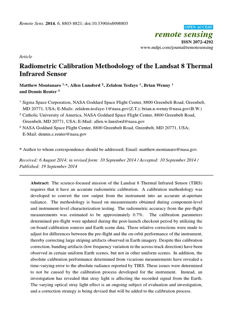 Remote Sensing: Radiometric Calibration Methodology of The Landsat 8 ...