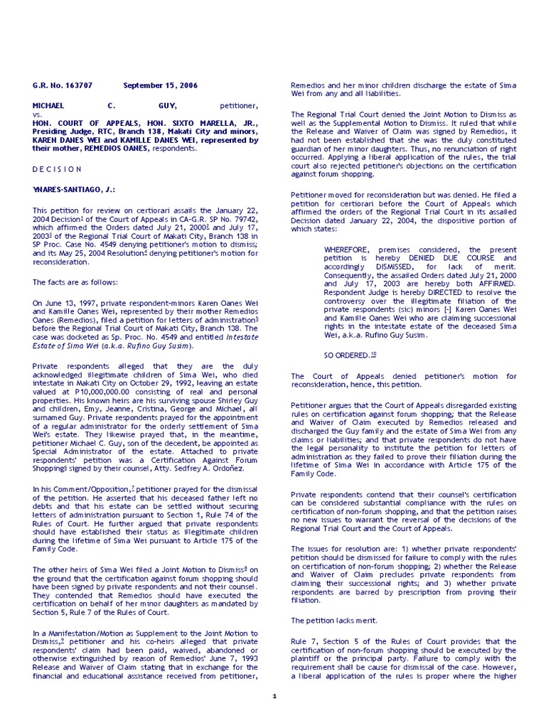 Estate of Sima Wei (A.k.a. Rufino Guy Susim) | PDF | Judgment (Law ...