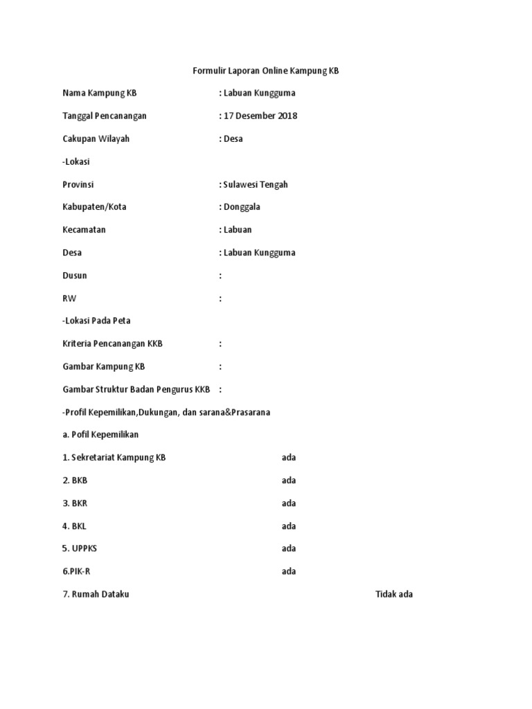 Formulir Laporan Online Kampung KB | PDF