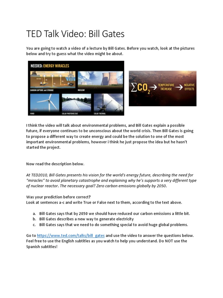 Bill Gates TED Talk Video Worksheet | PDF | Energy Development | Carbon ...