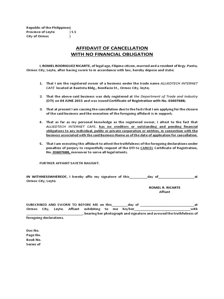 Affidavit Dti For Business Name Cancellation | PDF