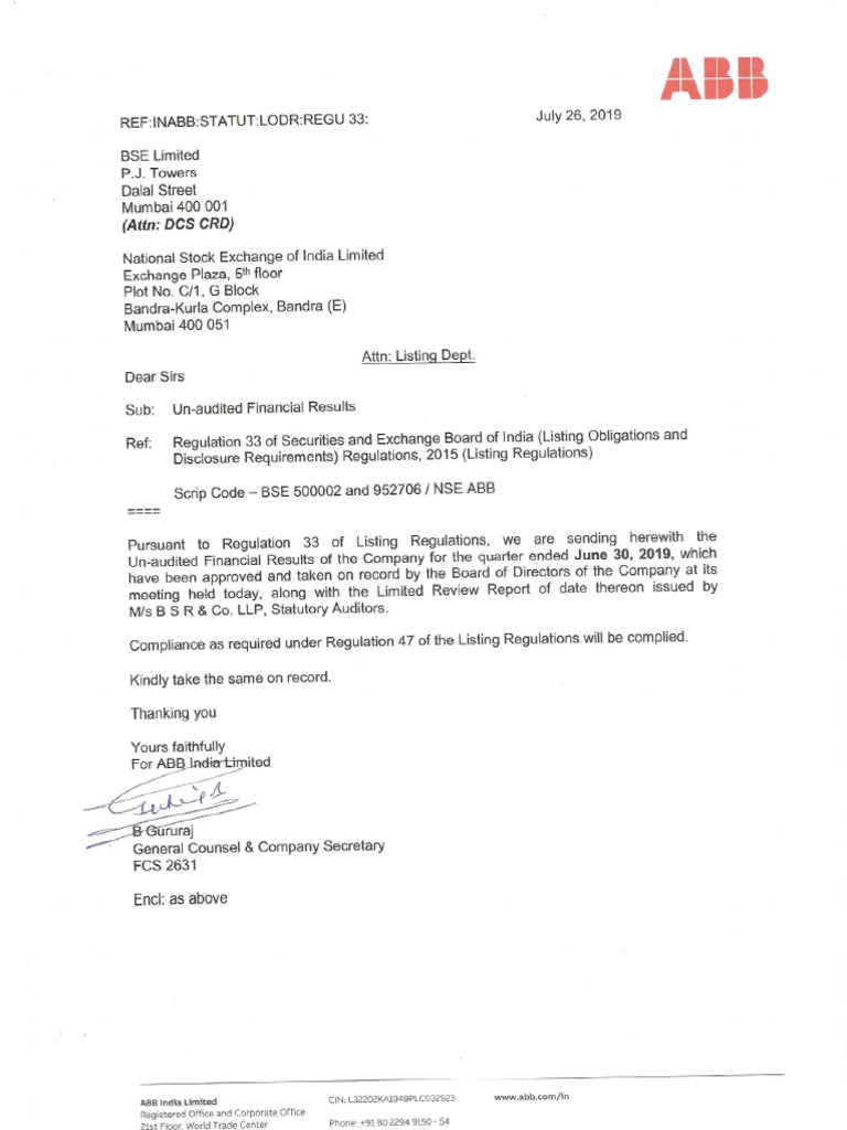 Unaudited Financial Results and Limited Review Report of ABB India ...