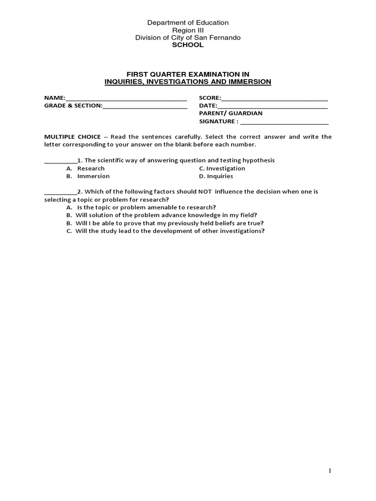 Quarterly Exam & Answer Key Template | PDF | Test (Assessment ...