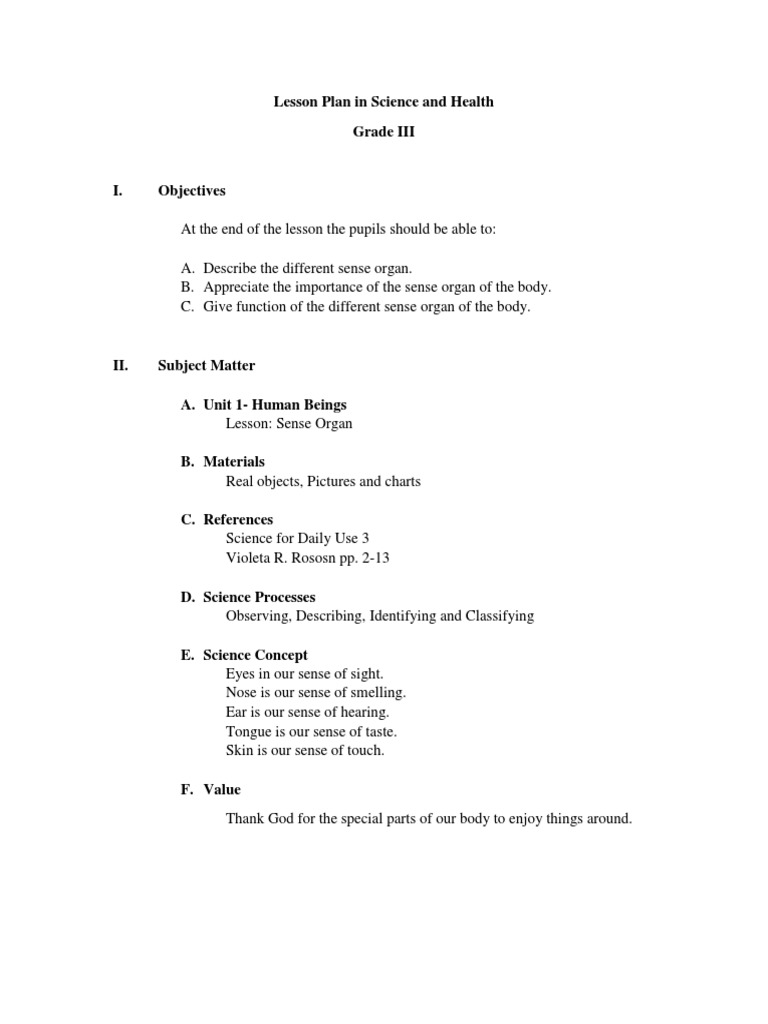 Lesson Plan in Science and Health | PDF | Helen Keller | Senses