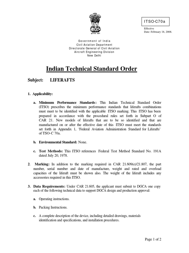 Indian Technical Standard Order: Subject: Liferafts | PDF | Buoyancy ...