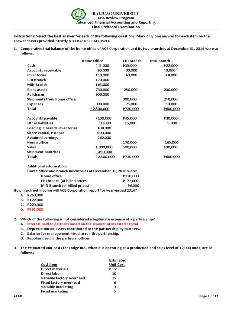 Final Preboard - AFAR-with Answers | PDF | Franchising | International ...