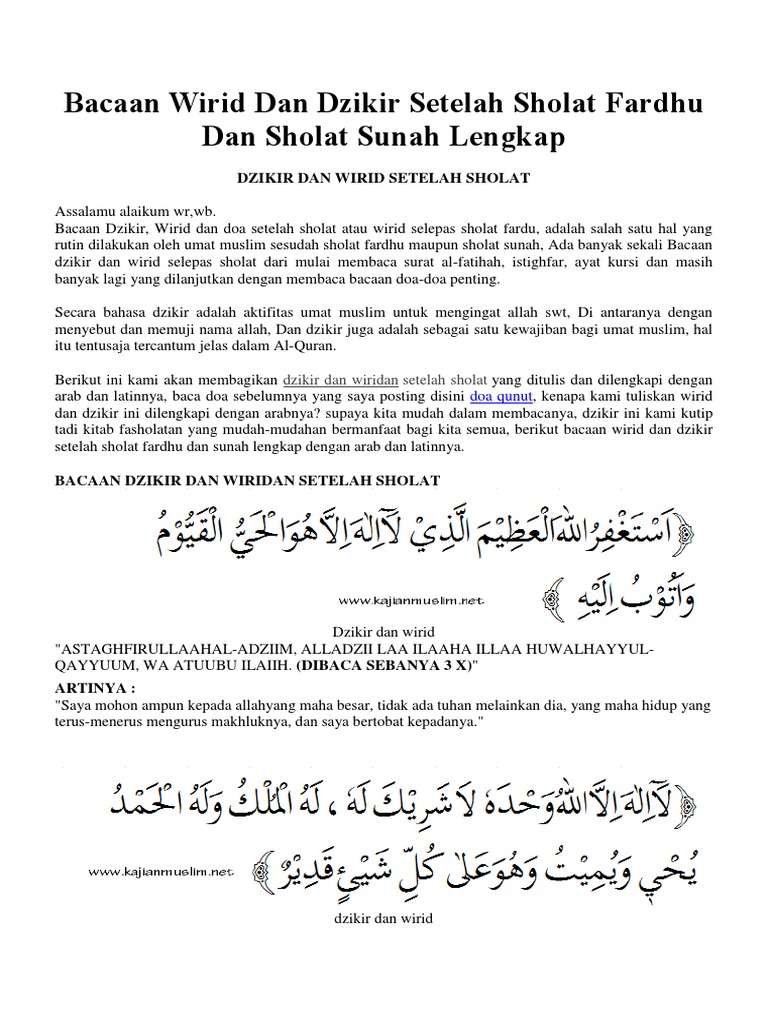 Bacaan Wirid Dan Dzikir Setelah Sholat Fardhu Dan Sholat Sunah Lengkap | PDF