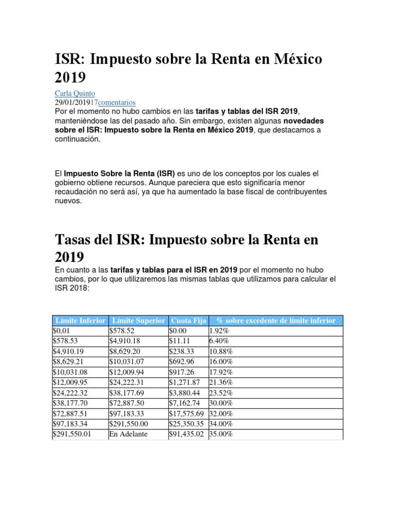 Tasas Del ISR: Impuesto Sobre La Renta en 2019 | Download Free PDF | Impuesto sobre la renta ...