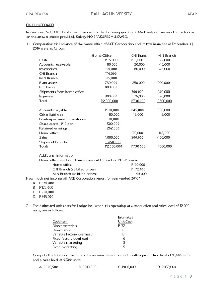 AFAR - Final Preboard With Answers | PDF | Franchising | Revenue