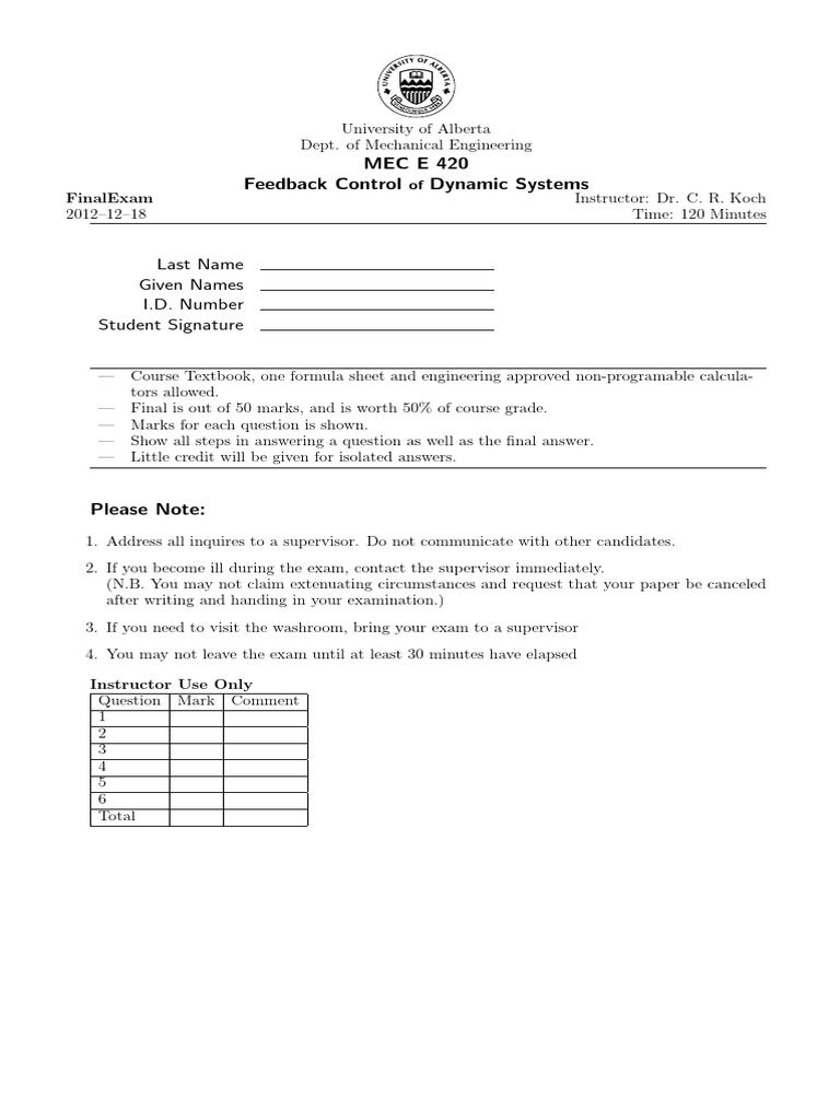 MEC E 420 Feedback Control Dynamic Systems | Download Free PDF ...