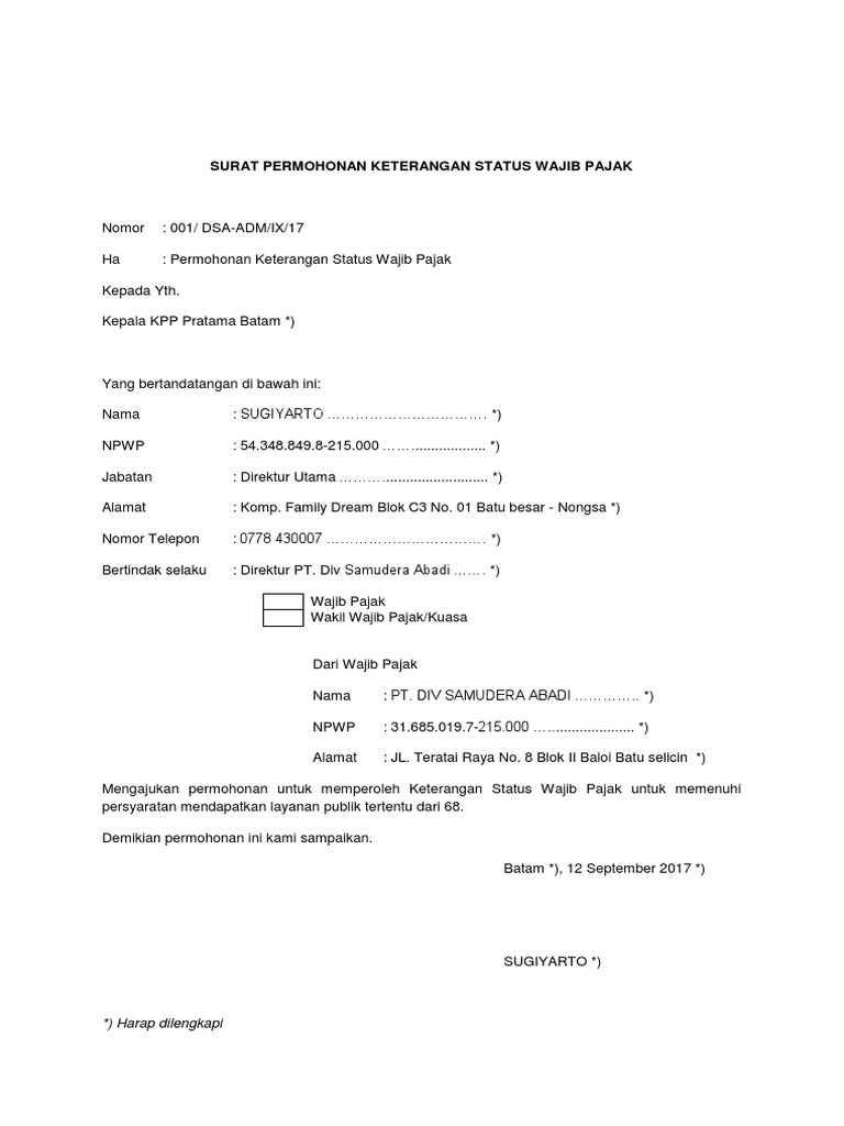 Surat Permohonan Keterangan Status Wajib Pajak | PDF