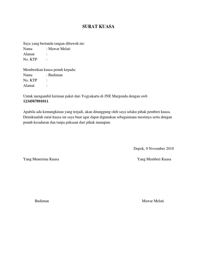 Surat Kuasa Pengambilan Paket JNE | PDF