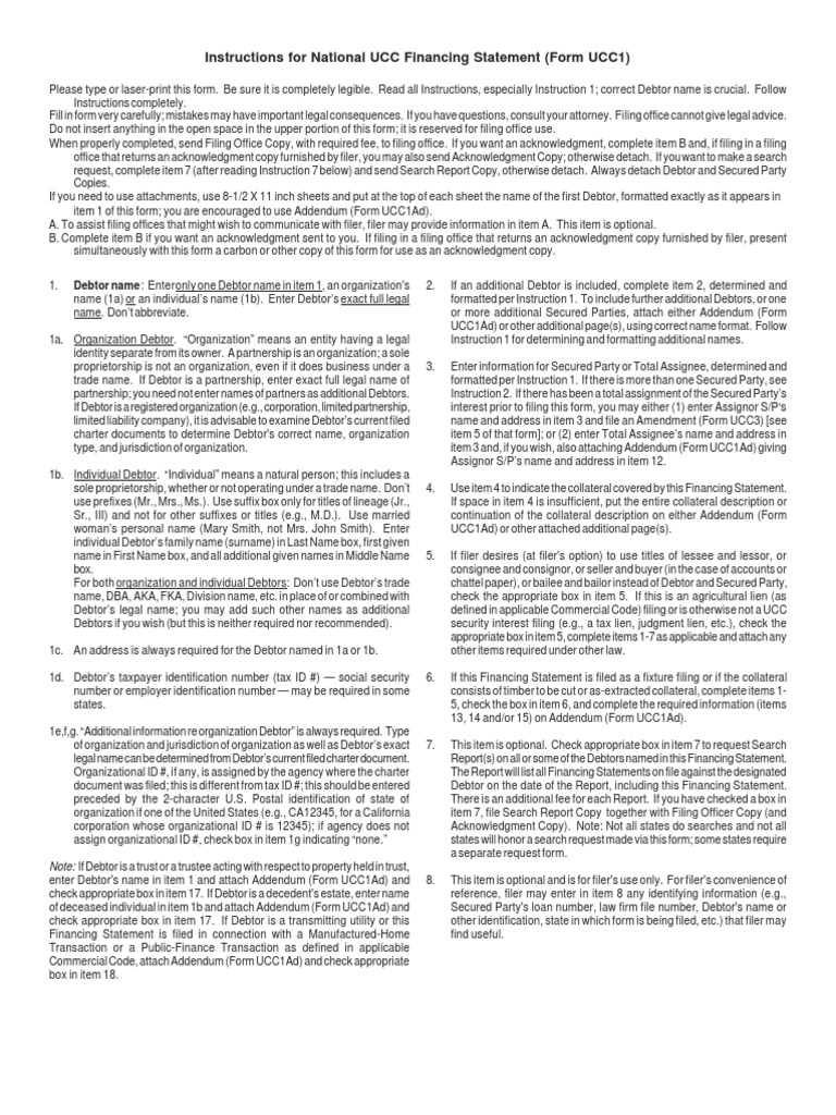 Instructions For National UCC Financing Statement (Form UCC1 ...