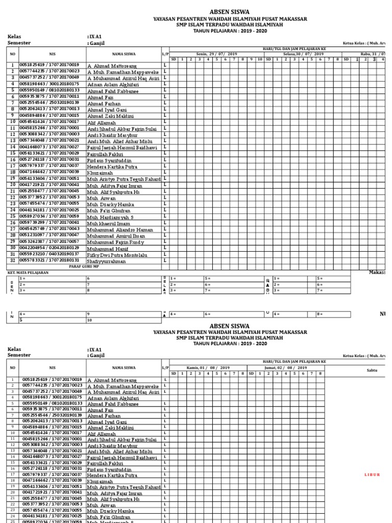 Format Absen Siswa SMP Wahdah | PDF