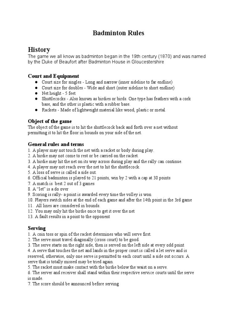 Badminton Rules and History Overview | PDF