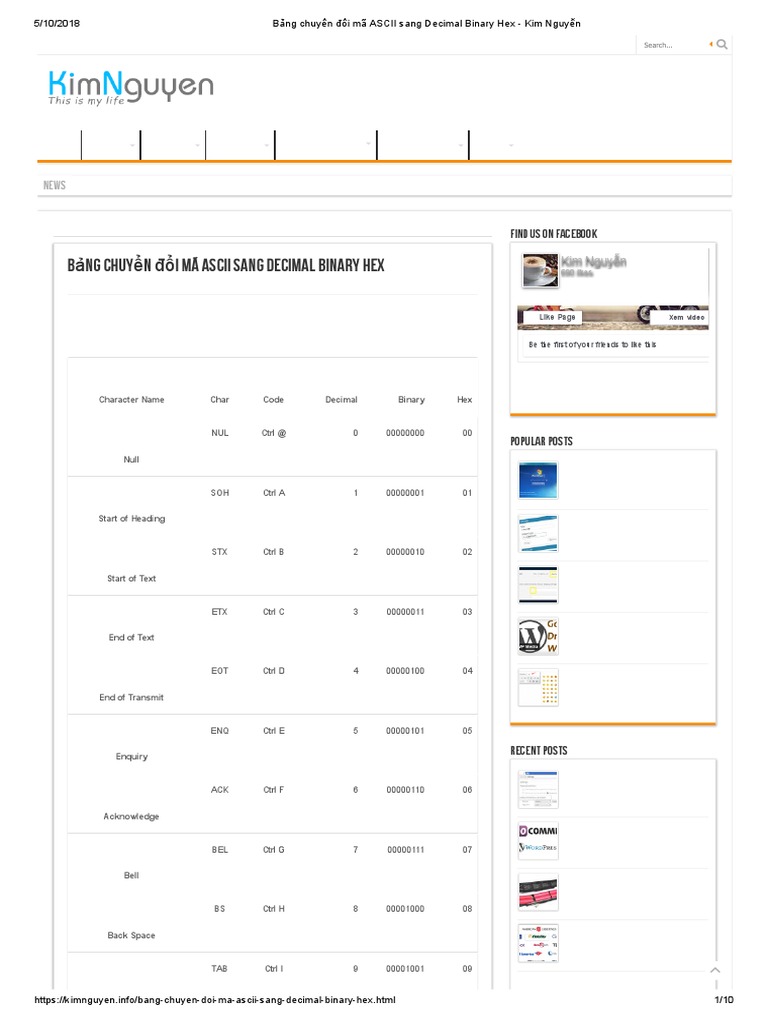 Bảng Chuyển Đổi Mã ASCII Sang Decimal Binary Hex - Kim Nguyễn | PDF