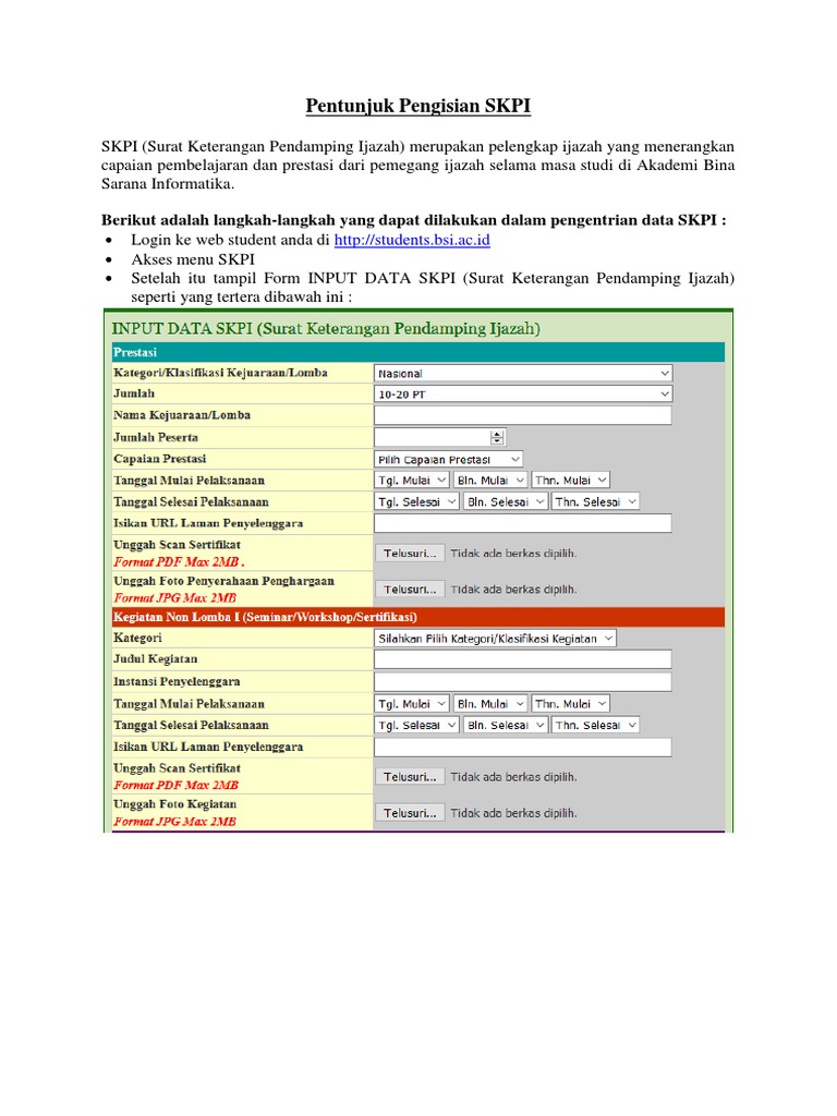 Panduan Pengisian SKPI Mahasiswa BSI | PDF