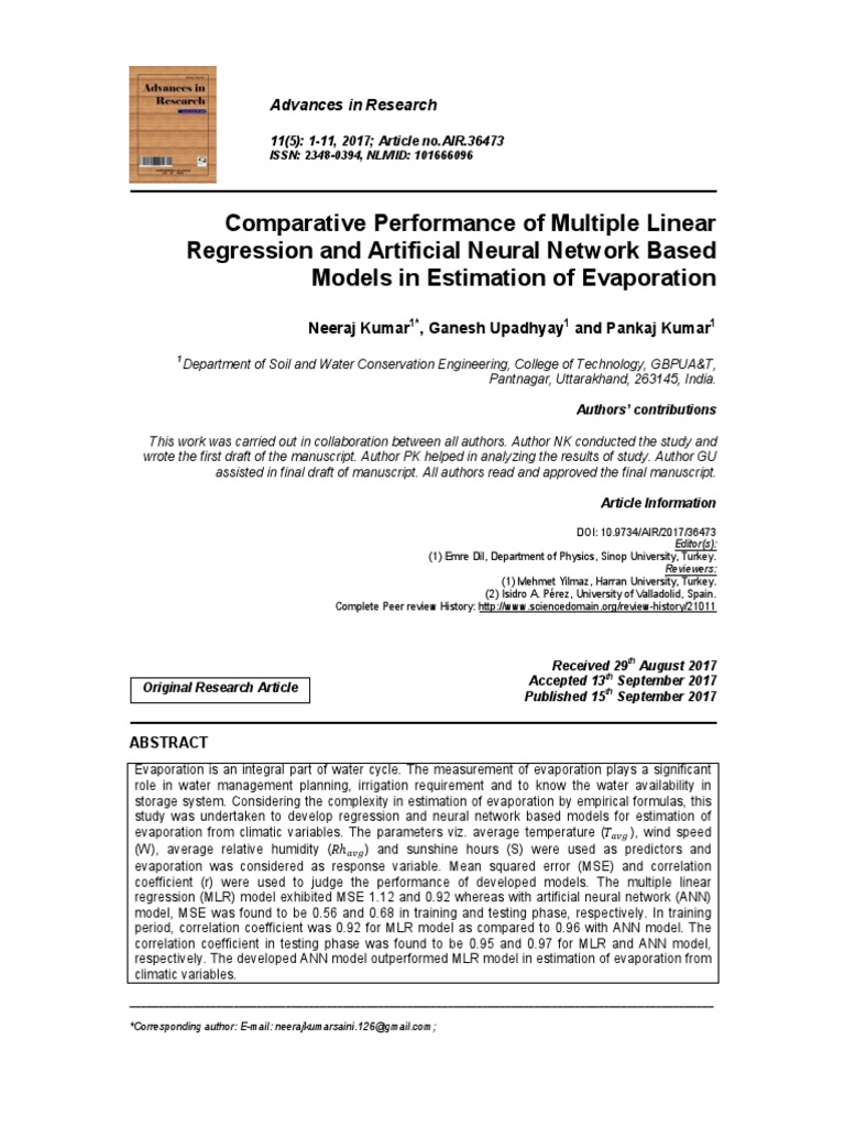 Comparative Performance Of Multiple Linear Regression And Artificial Neural Network Based Models