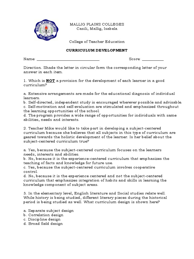 Curriculum Development Exam Questions | PDF | Curriculum | Educational ...