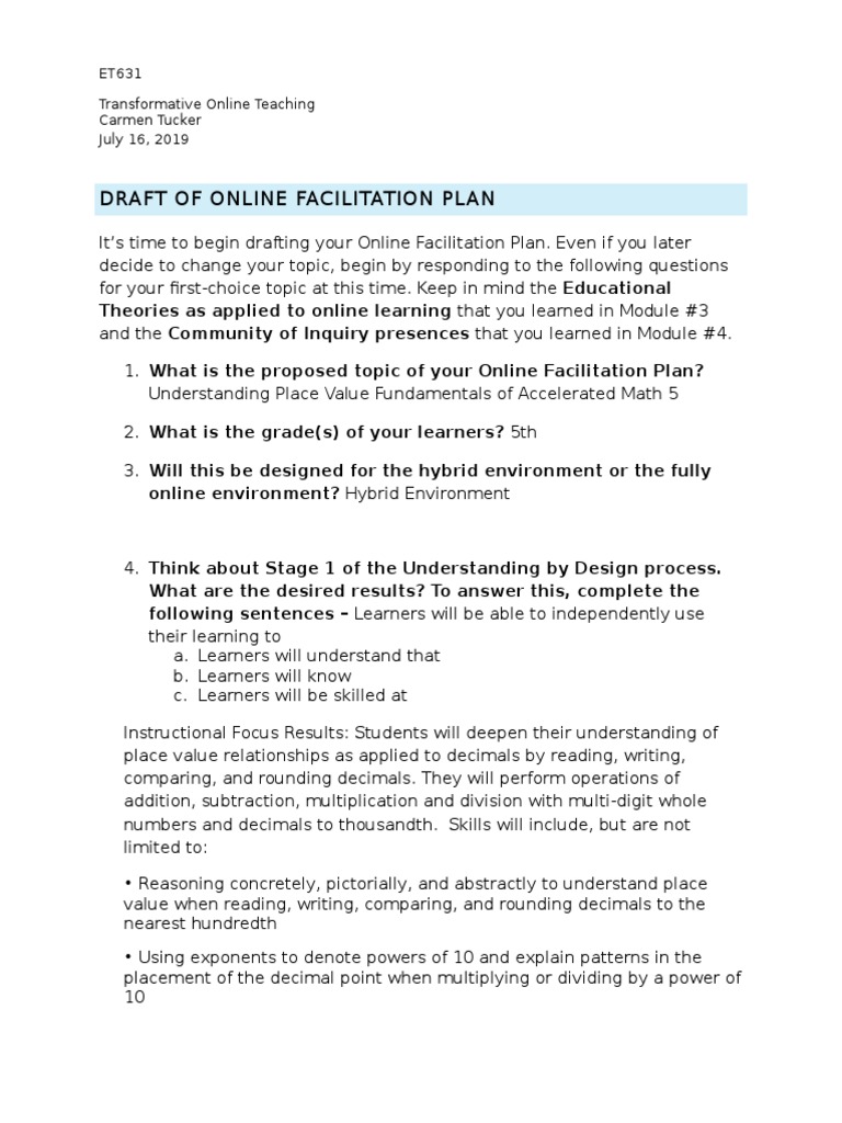 Online Facilitation Plan Draft | PDF | Understanding | Multiplication