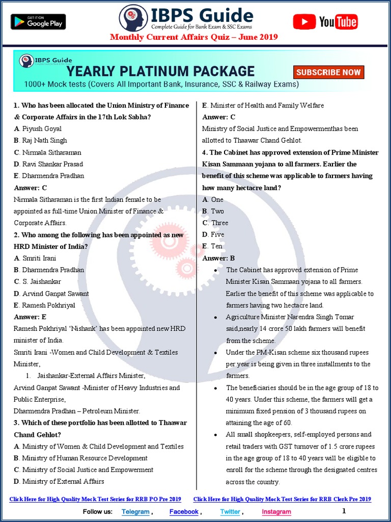 Monthly Current Affairs Quiz - June 2019 | PDF | Business