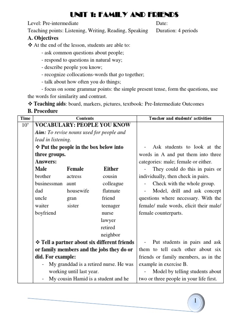 Family and Friends: Pre-Intermediate Lesson Plan | PDF | Question | Adverb