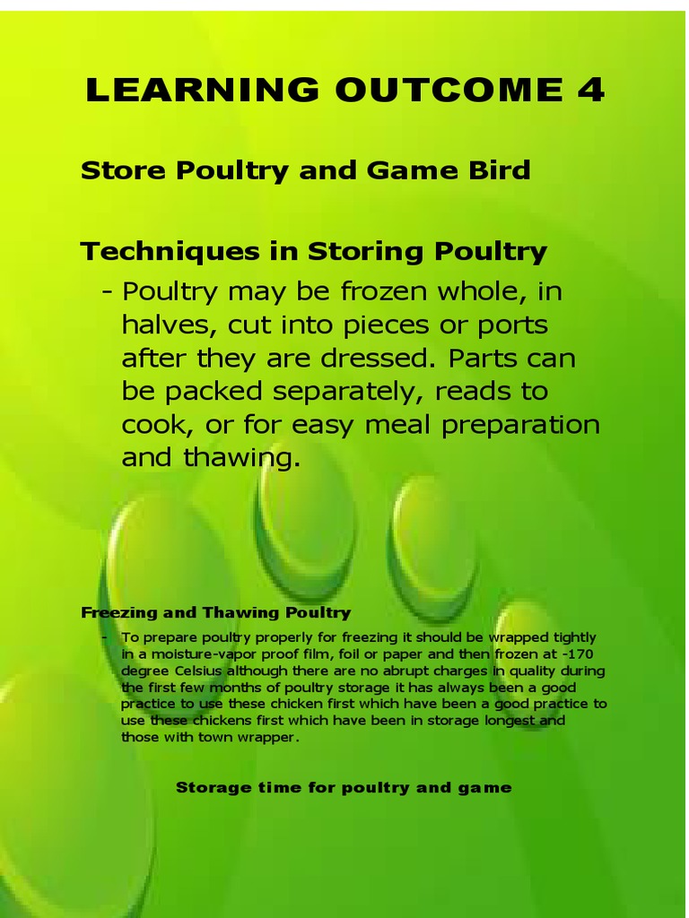 Learning Outcome 4: Store Poultry and Game Bird Techniques in Storing ...