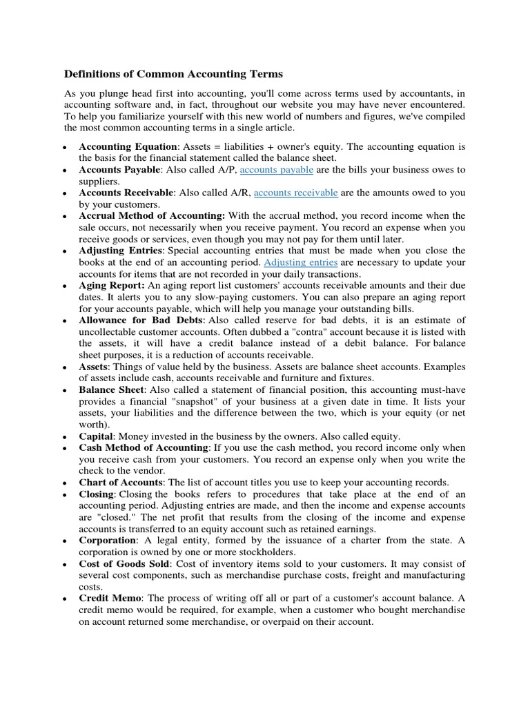 Definitions of Common Accounting Terms | PDF | Debits And Credits ... Definitions of Common Accounting Terms | PDF | Debits And Credits ...