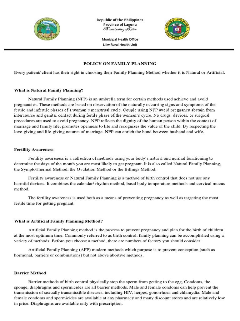 Policy On Family Planning | PDF | Birth Control | Methods Of Birth Control