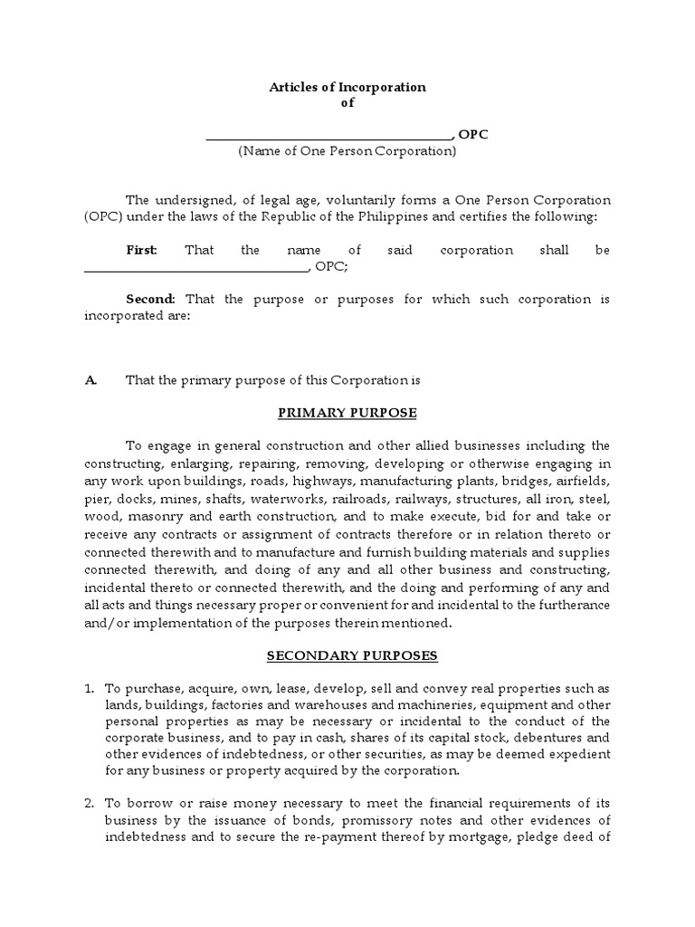 Articles-Of-Incorporation (One Person Corporation) | PDF | Corporations ...