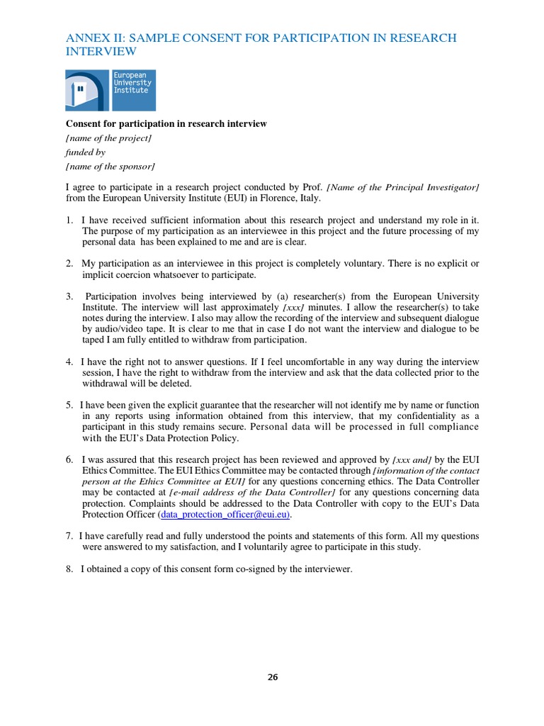Annex Ii: Sample Consent For Participation in Research Interview | PDF ...
