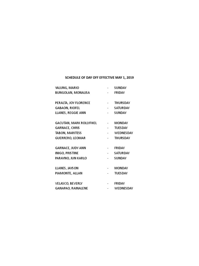 Employee Day Off Schedule 2019 | PDF
