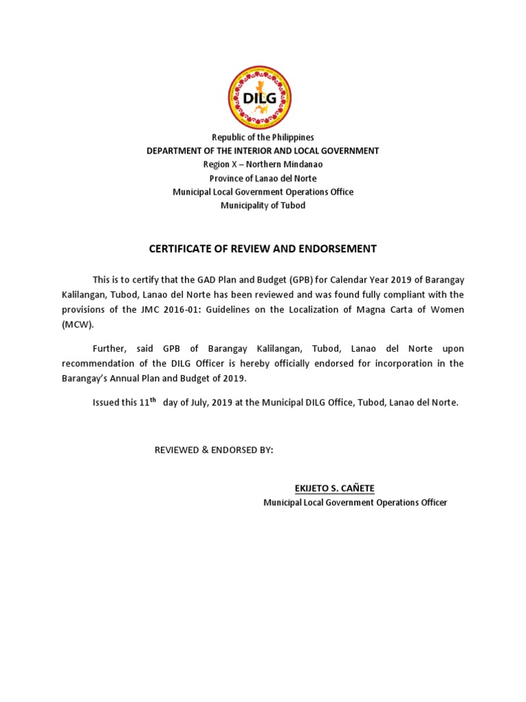GAD Plan Compliance Certificate 2019 | PDF | Finance & Money Management