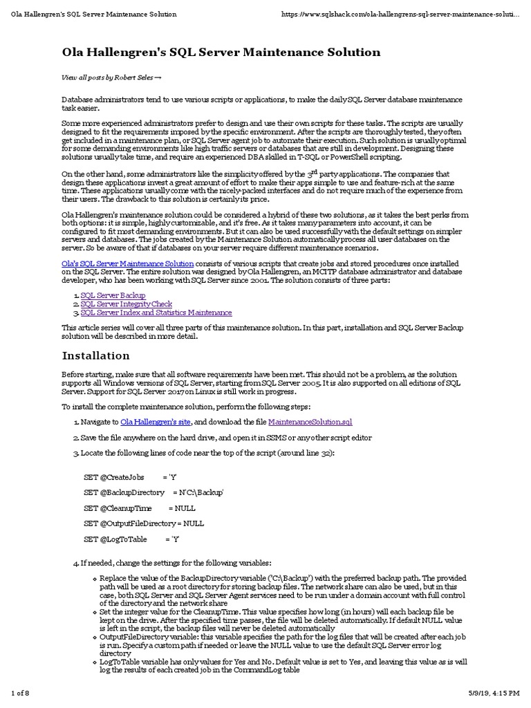 Ola Hallengren's SQL Server Maintenance Solution: Installation | PDF | Microsoft Sql Server | Backup