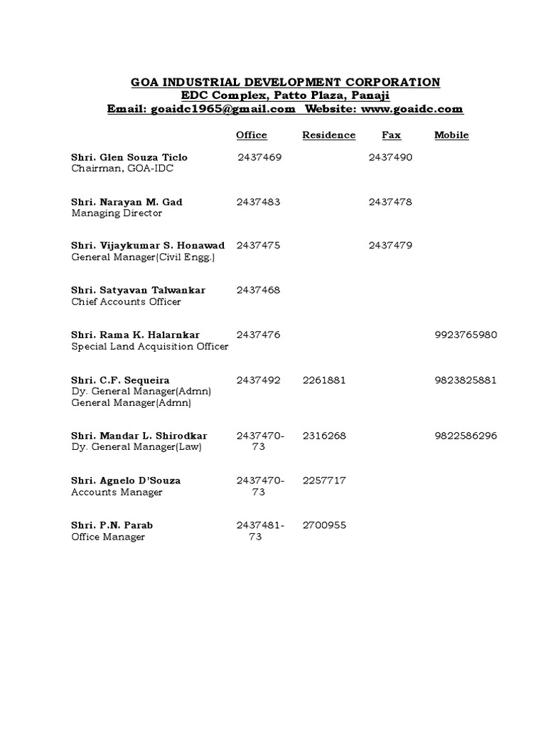 Goa Industrial Development Corporation EDC Complex, Patto Plaza, Panaji ...