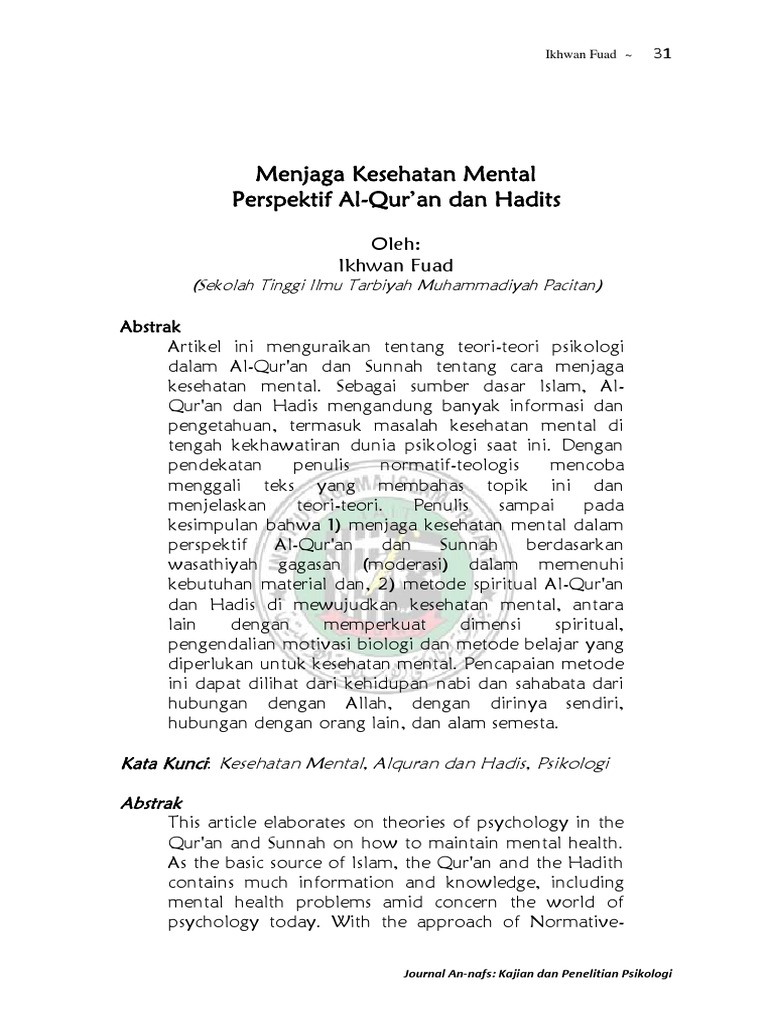 KESEHATAN MENTAL DALAM PERSPEKTIF AL-QUR'AN DAN HADIS | PDF