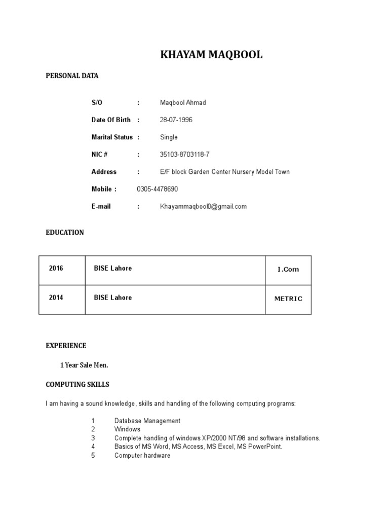 Khayam Maqbool: Personal Data | PDF