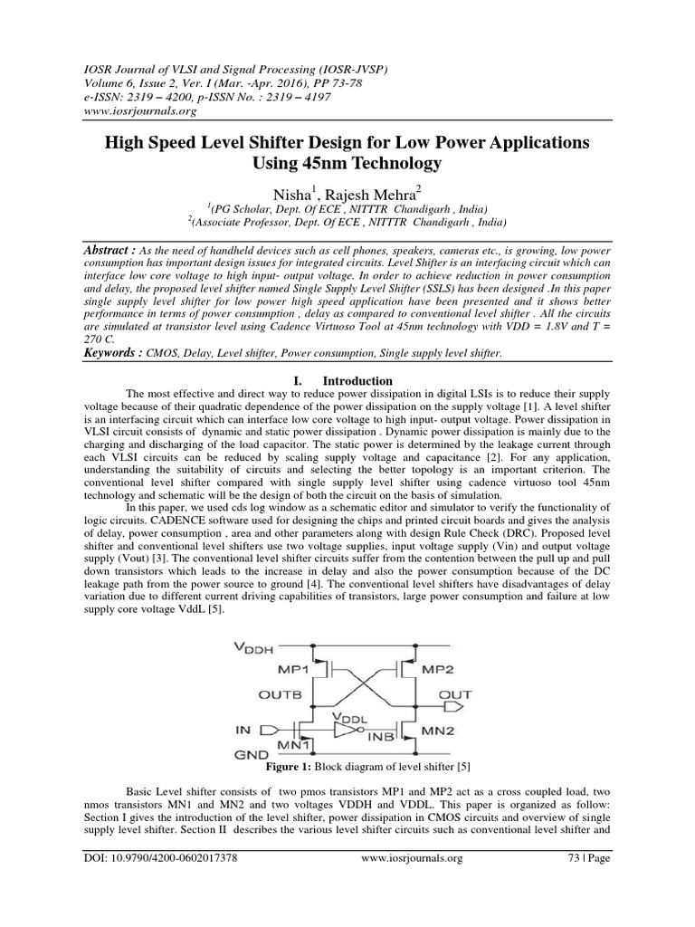 Low Power High Speed Level Shifter | PDF | Cmos | Mosfet