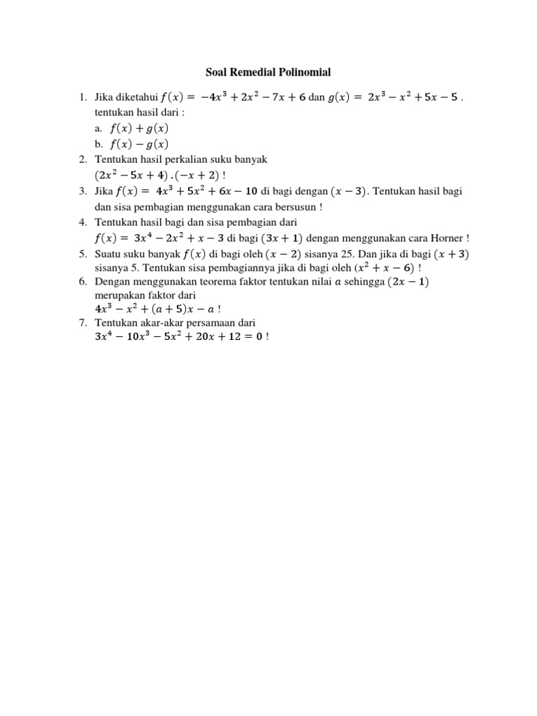 Soal Remedial Dan Pengayaan Polinomial | PDF