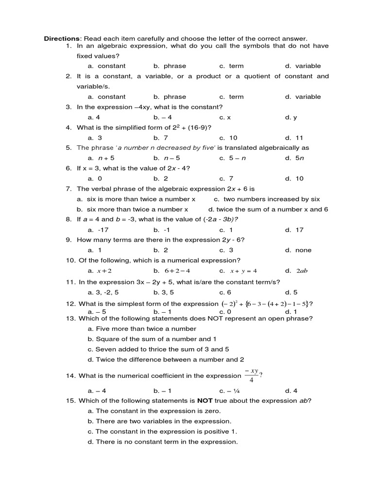 Grade 7 Quiz | PDF | Algebra | Teaching Mathematics