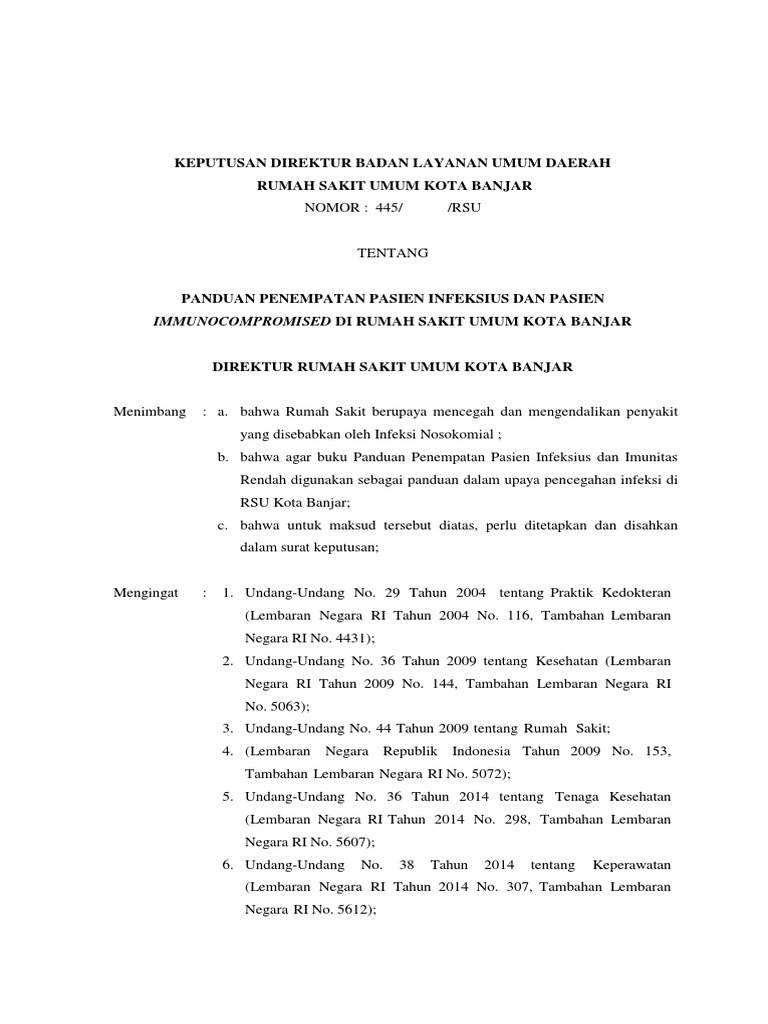 Panduan Penempatan Pasien Infeksius Dan Immunocompromised PDF | PDF