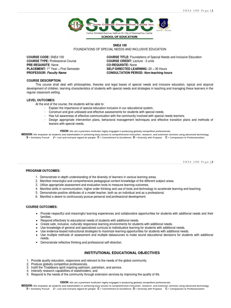 Sned Foundations of Special & Inclusive Ed - Obe Syllabus | PDF ...