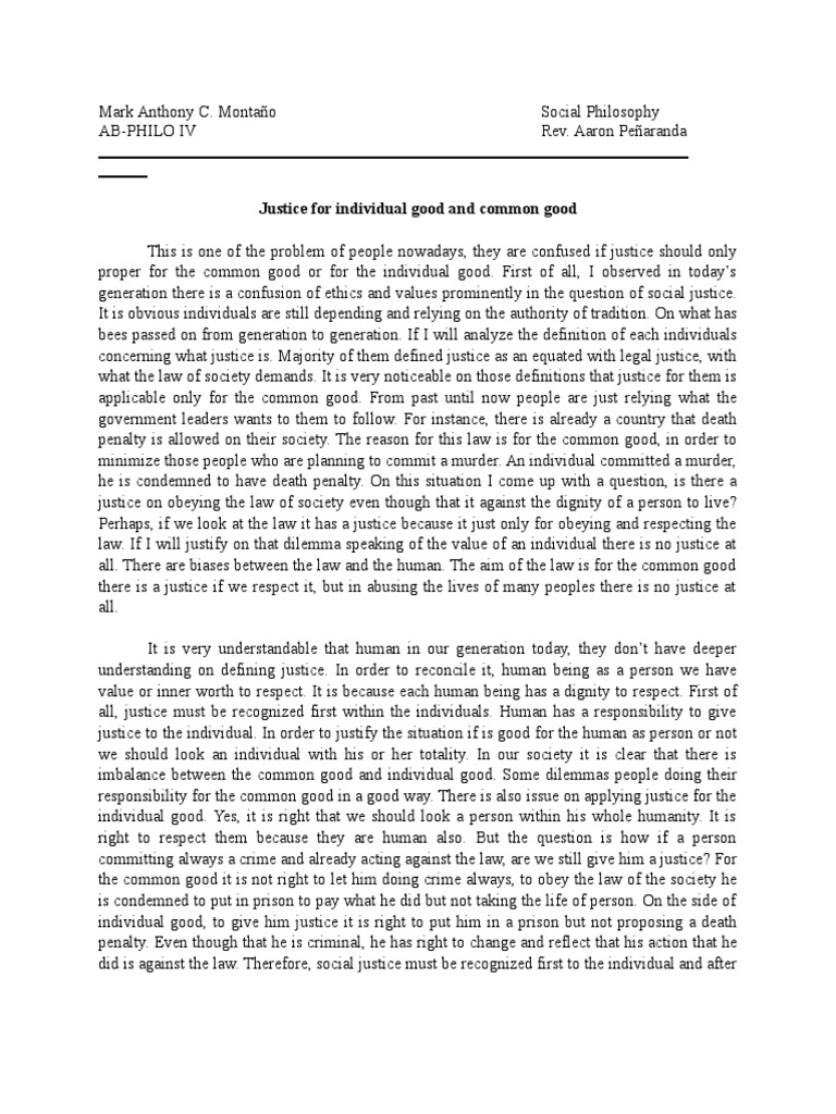 Justice For Individual Good and Common Good | PDF | Common Good | Crime ...
