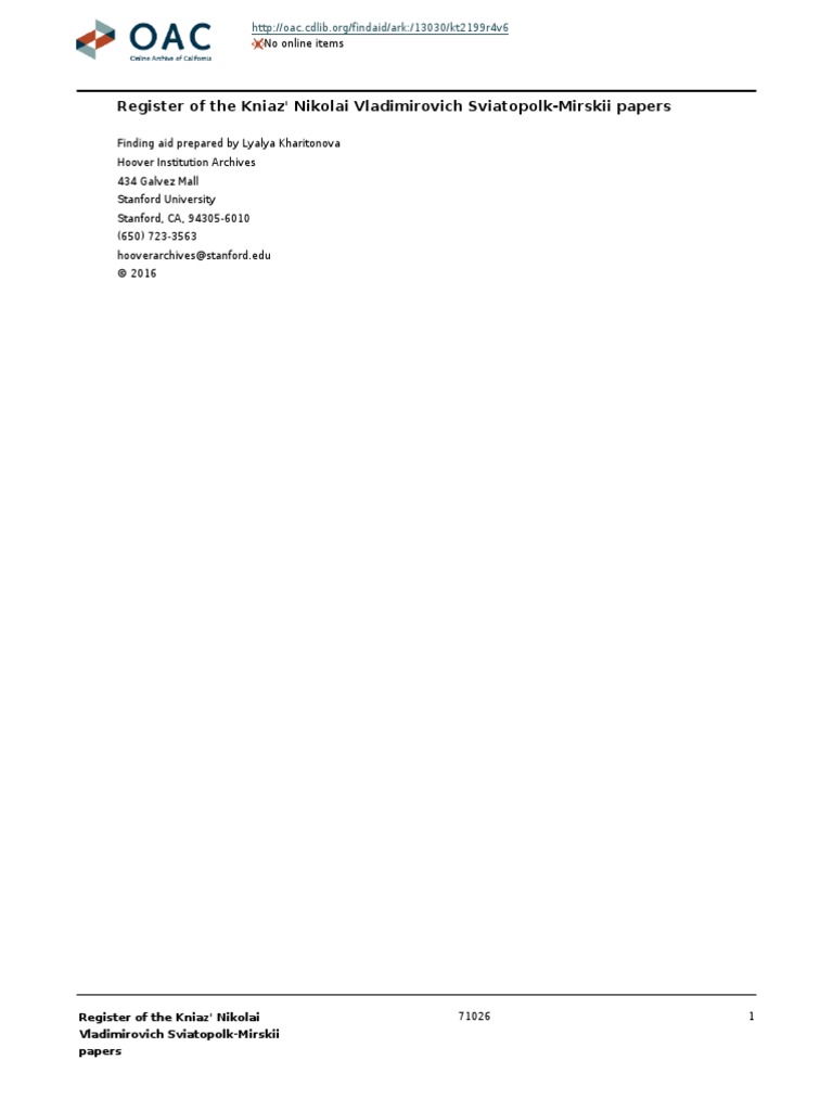 Register of The Kniaz' Nikolai Vladimirovich Sviatopolk-Mirskii Papers ...