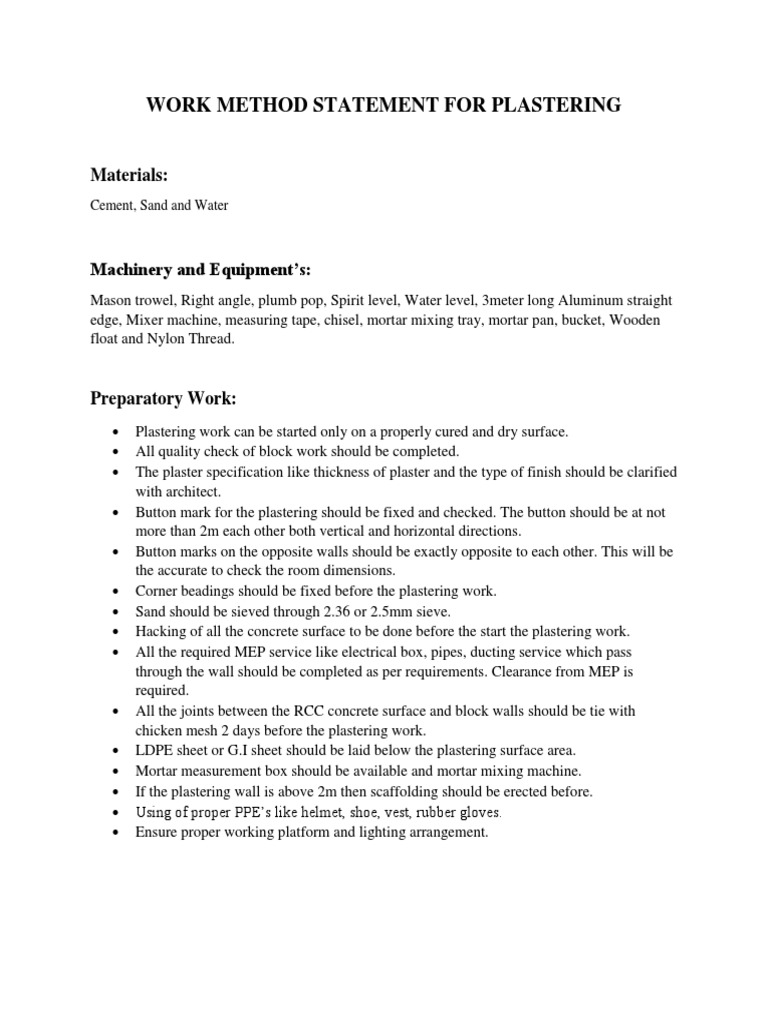 WORK METHOD STATEMENT FOR PLASTERING.docx | Mortar (Masonry) | Concrete