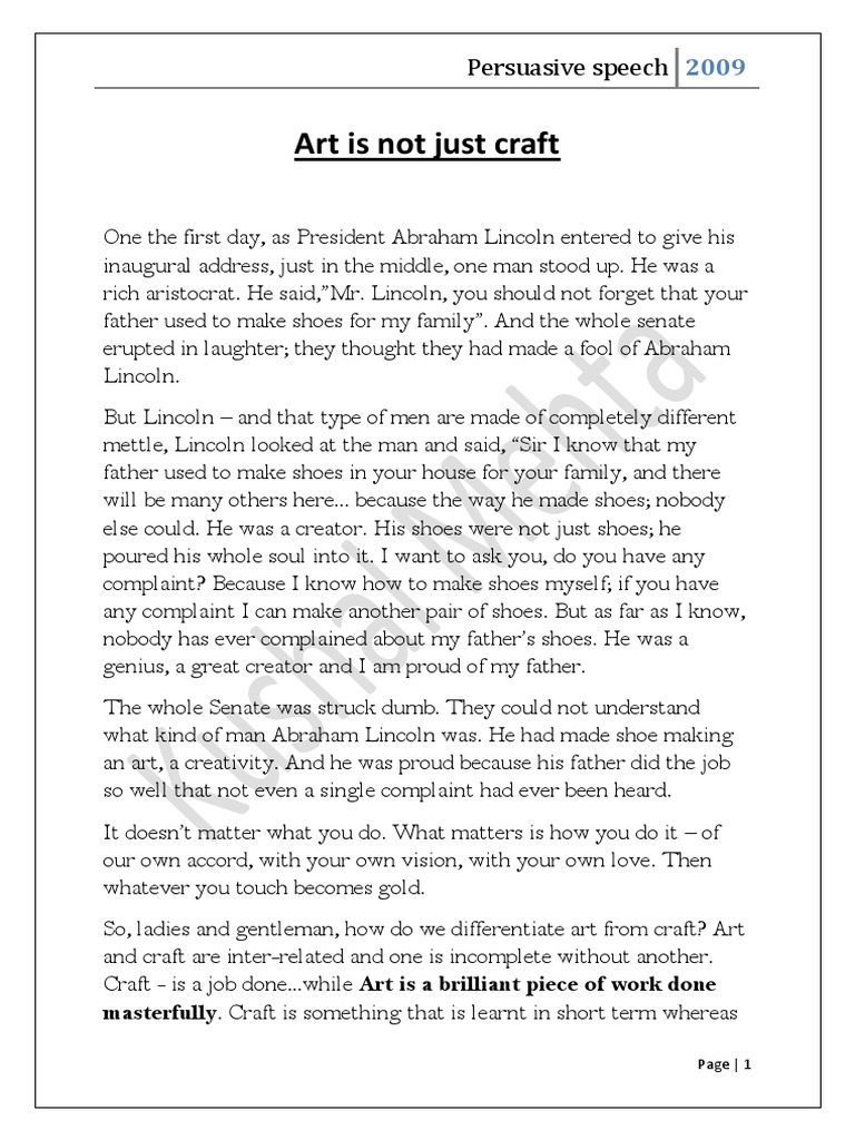 PSD Persuasive Speech - Art Is Not Just Craft | PDF